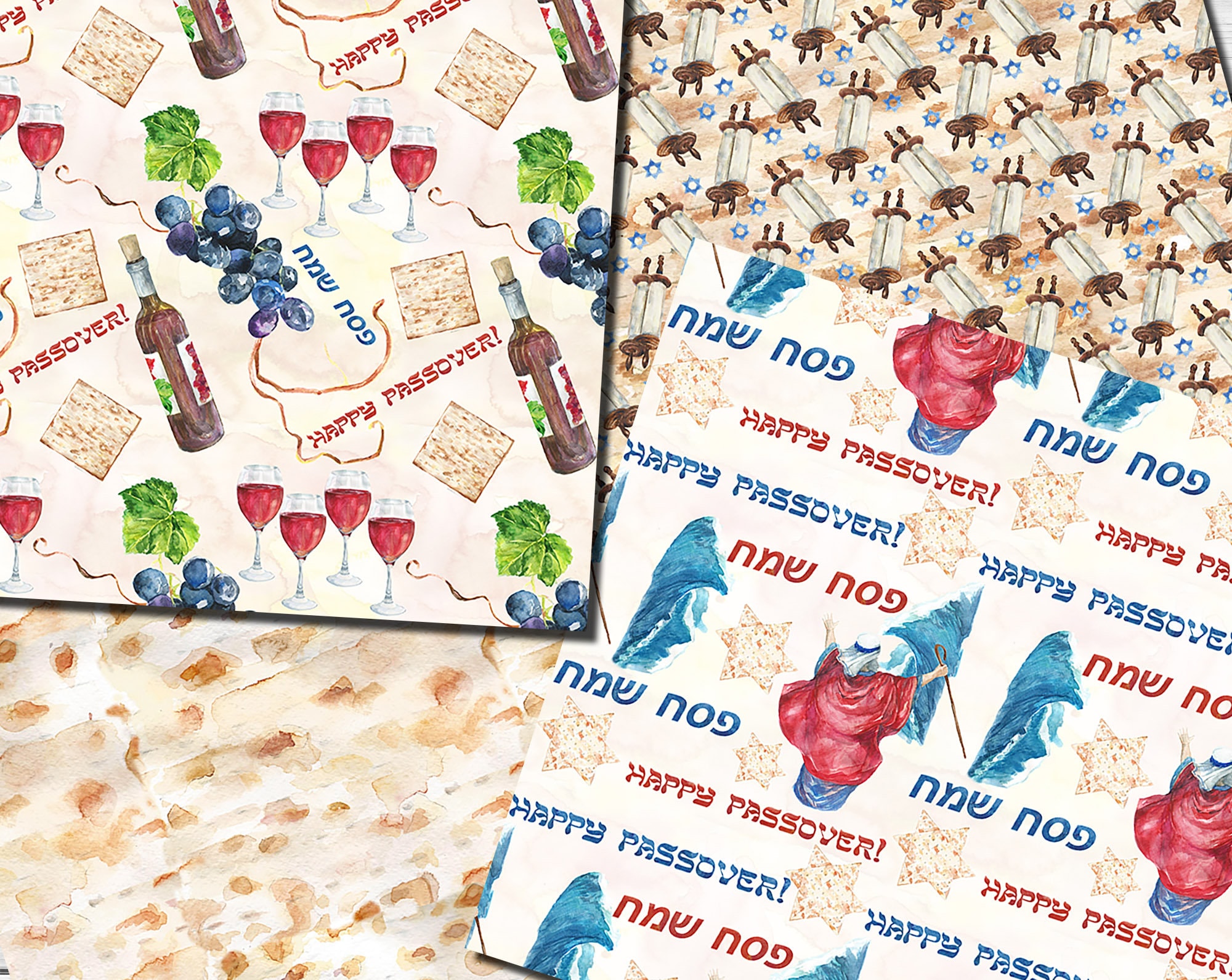 Digital Watercolor Happy Passover Seamless Pack, 16 Printable Digital ...