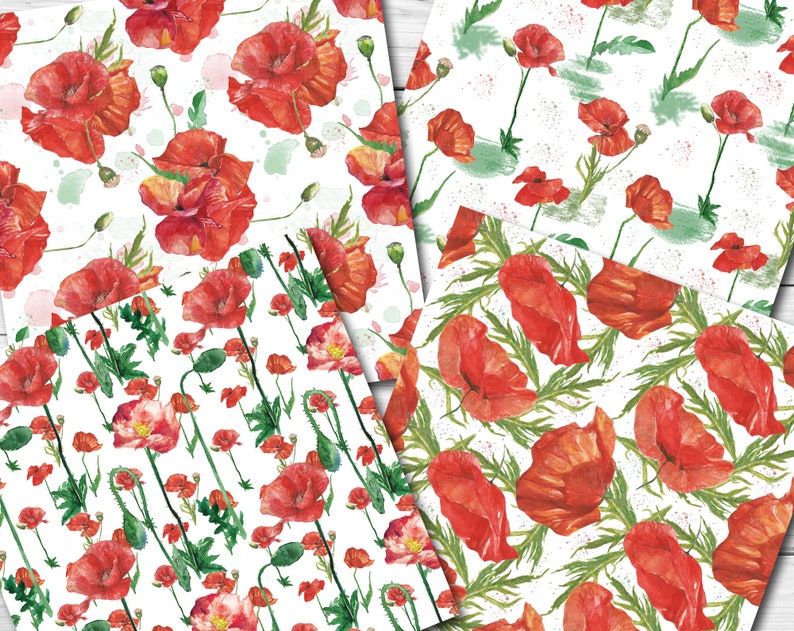 Digital Watercolor Poppies Seamless Paper Pack, 16 Printable ...