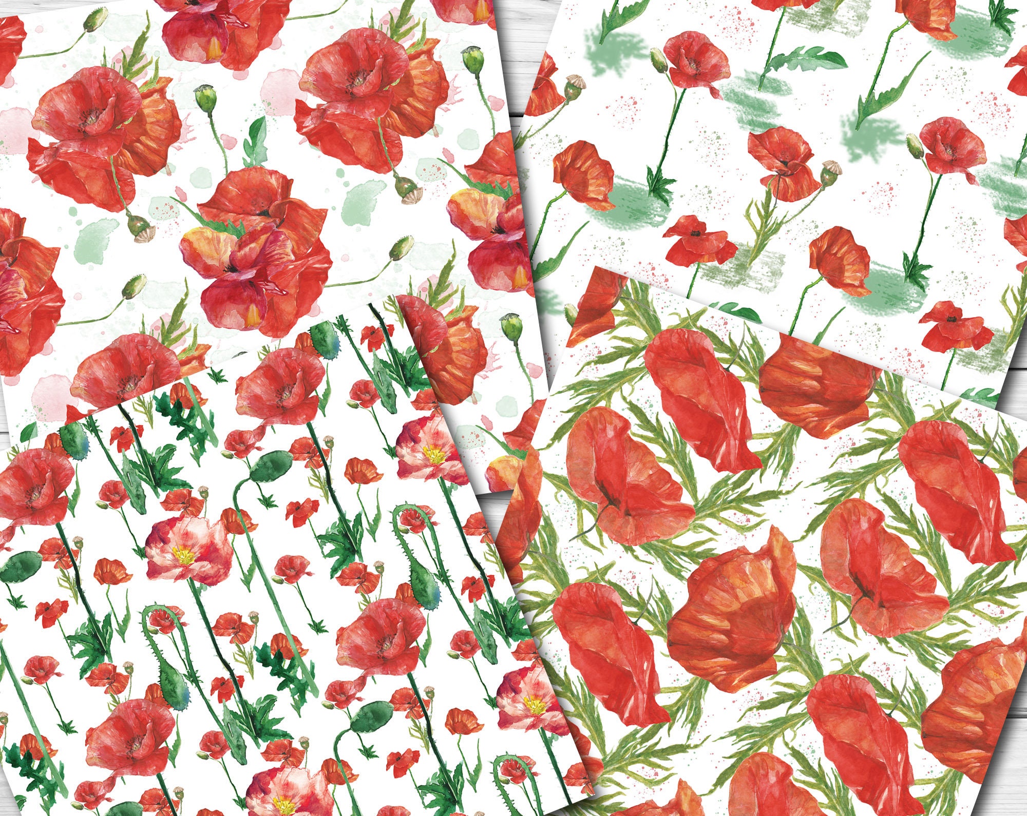 Digital Watercolor Poppies Seamless Paper Pack, 16 Printable ...