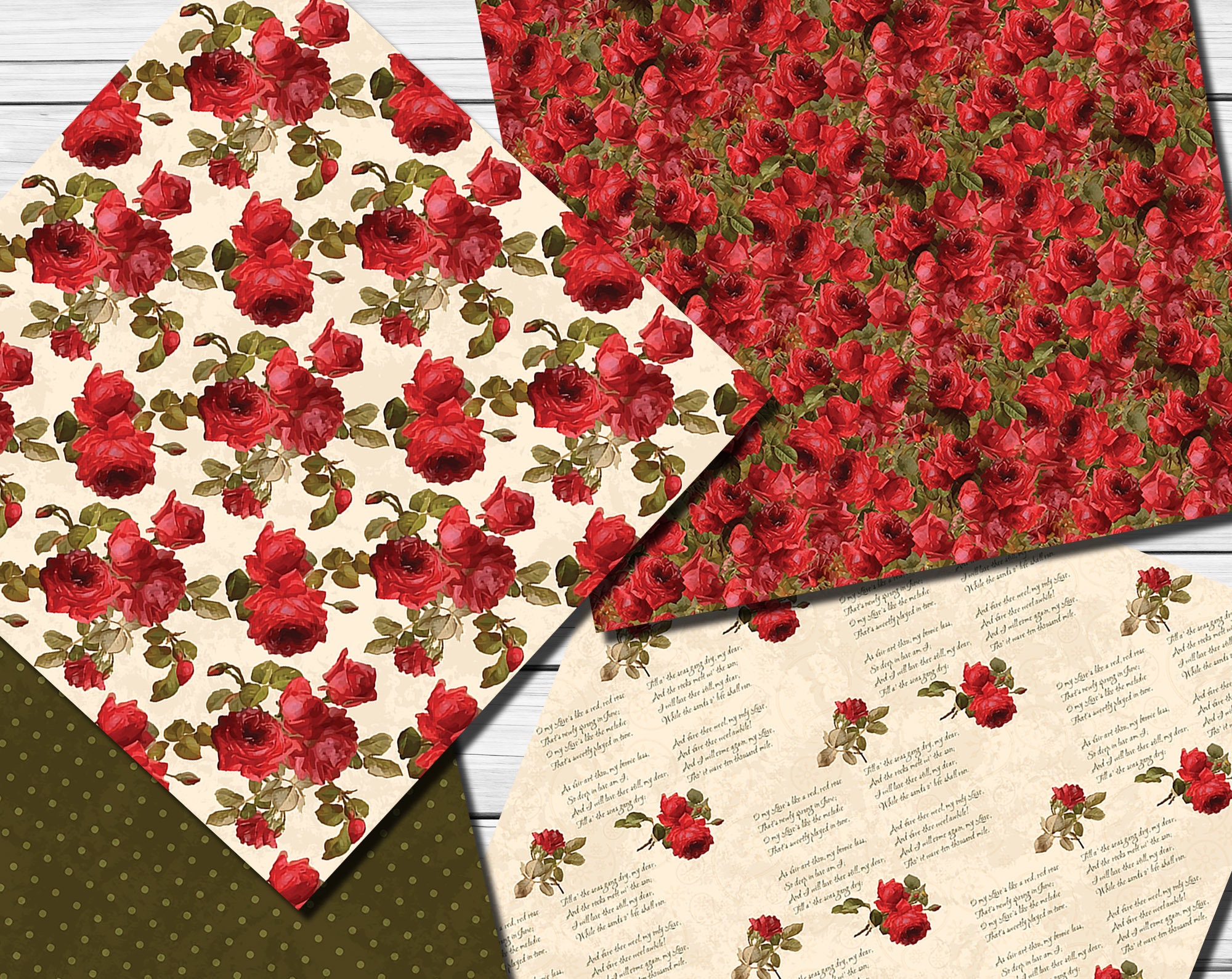 Digital Shabby Chic Red Roses Seamless Paper Pack, 16 Printable ...