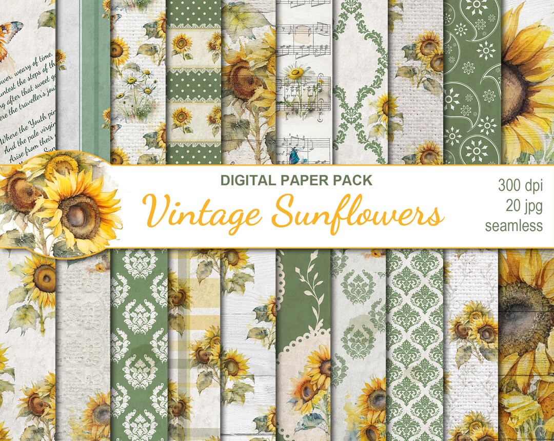 Digital Vintage Sunflowers Paper Pack, 20 Printable Wooden and Linen ...
