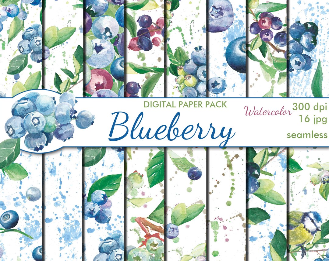 Digital Watercolor Blueberry Seamless Paper Pack, 16 Printable ...