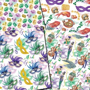 Digital Watercolor Mardi Gras New Orleans Seamless Pack, 16 Printable ...