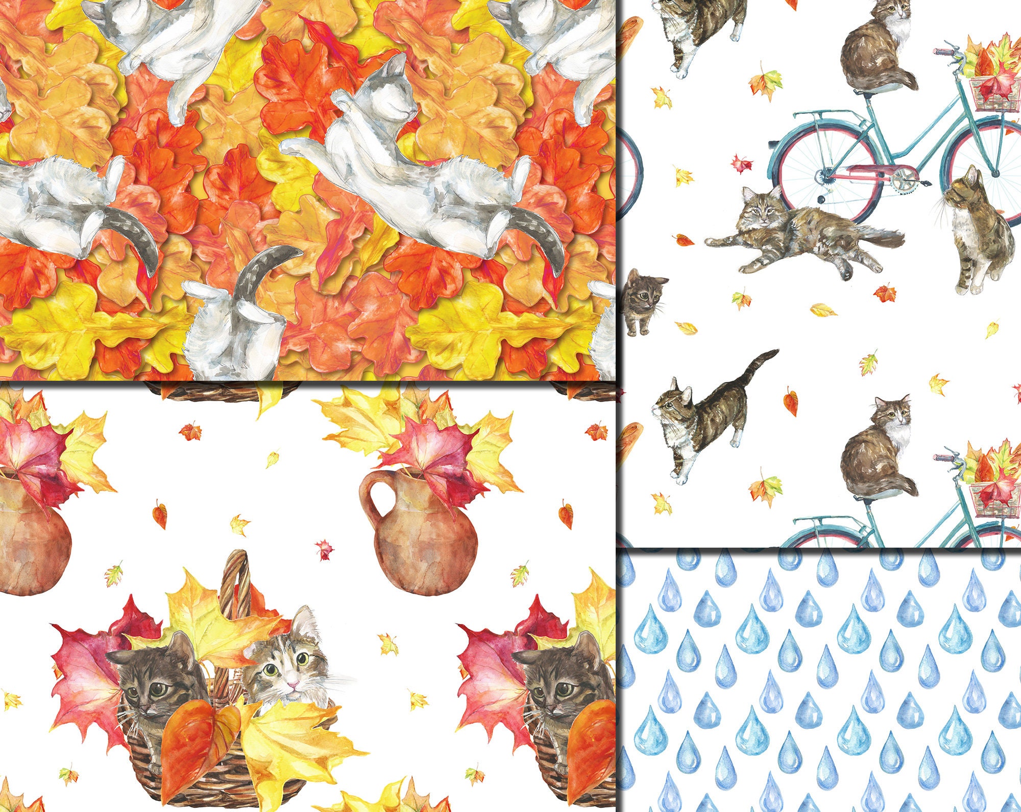 Digital Watercolor Autumn Cats Seamless Paper Pack, 16 Printable ...