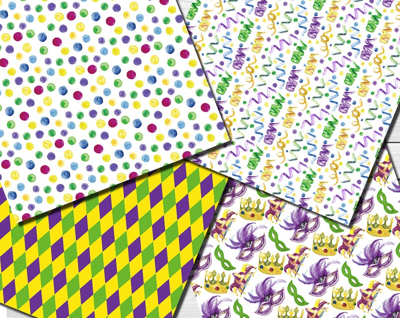 Digital Watercolor Mardi Gras Seamless Pack, 16 Printable Digital ...