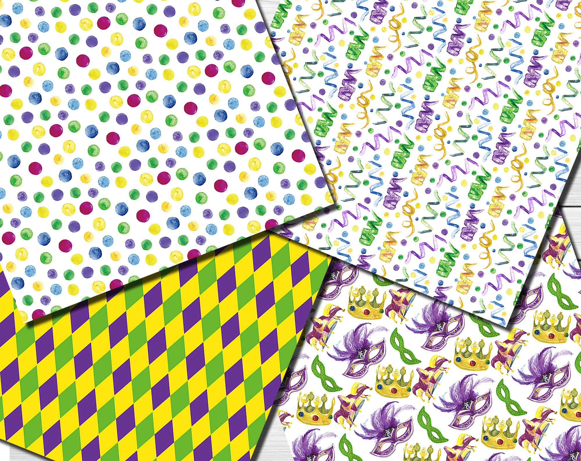 Digital Watercolor Mardi Gras Seamless Pack, 16 Printable Digital ...