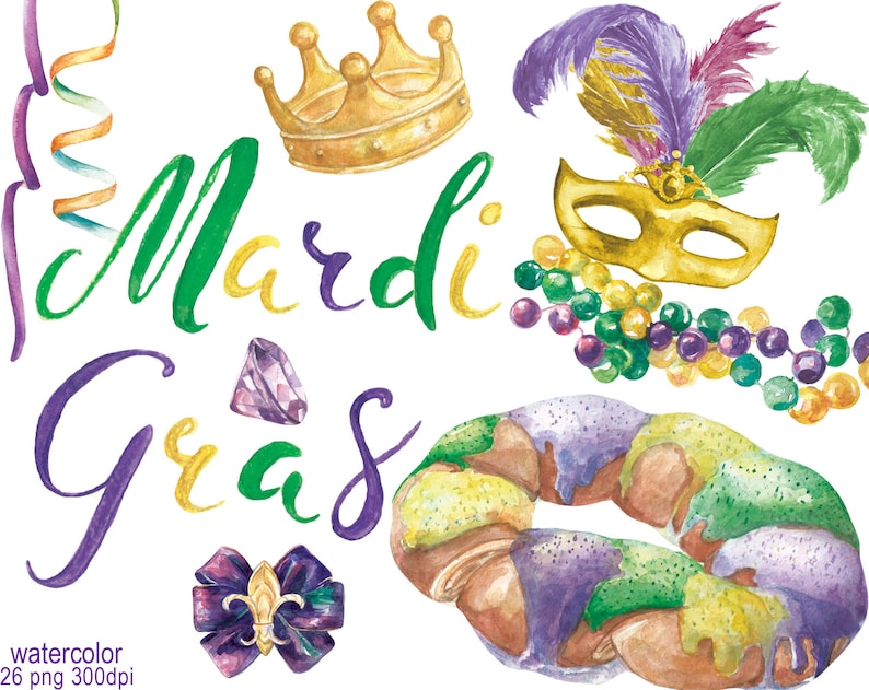 Digital Mardi Gras Watercolor Clipart for Scrapbooking, Carnival ...