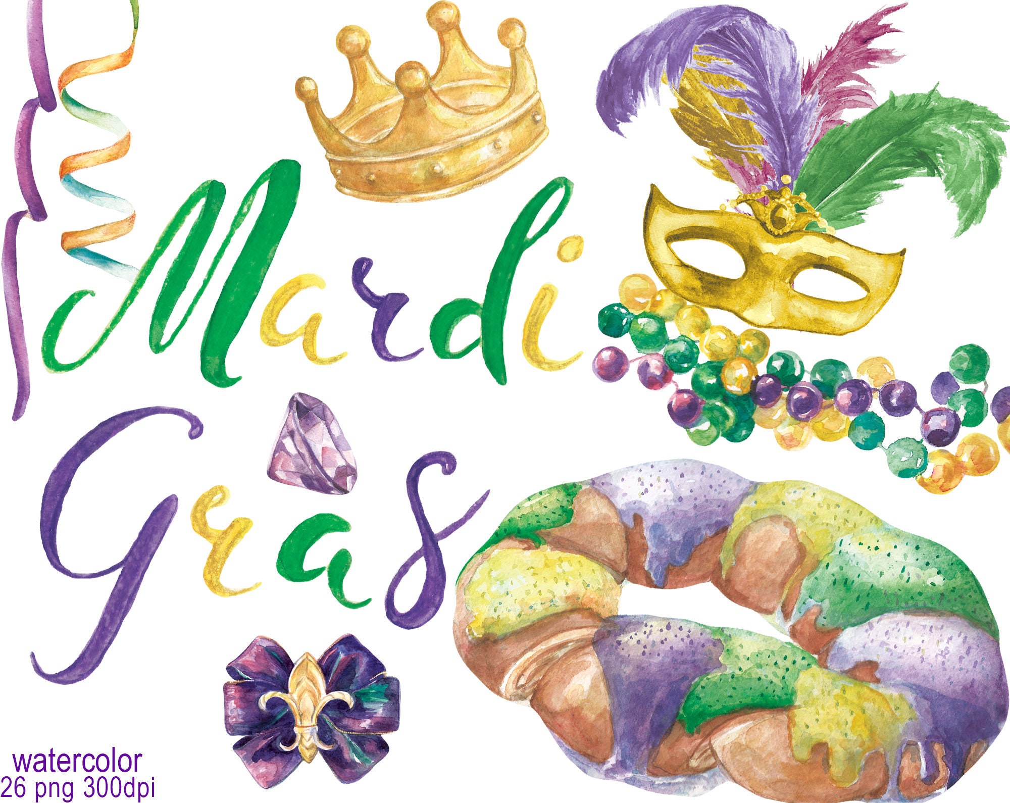 Digital Mardi Gras Watercolor Clipart for Scrapbooking, Carnival ...
