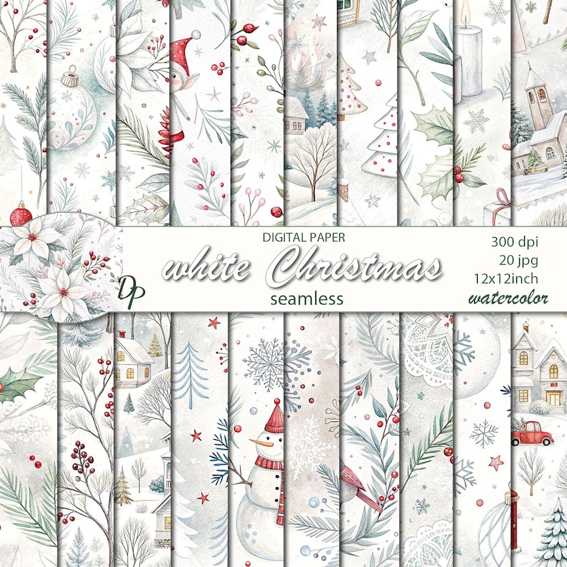 Digital White Watercolor Christmas Seamless Papers, 20 Printable ...