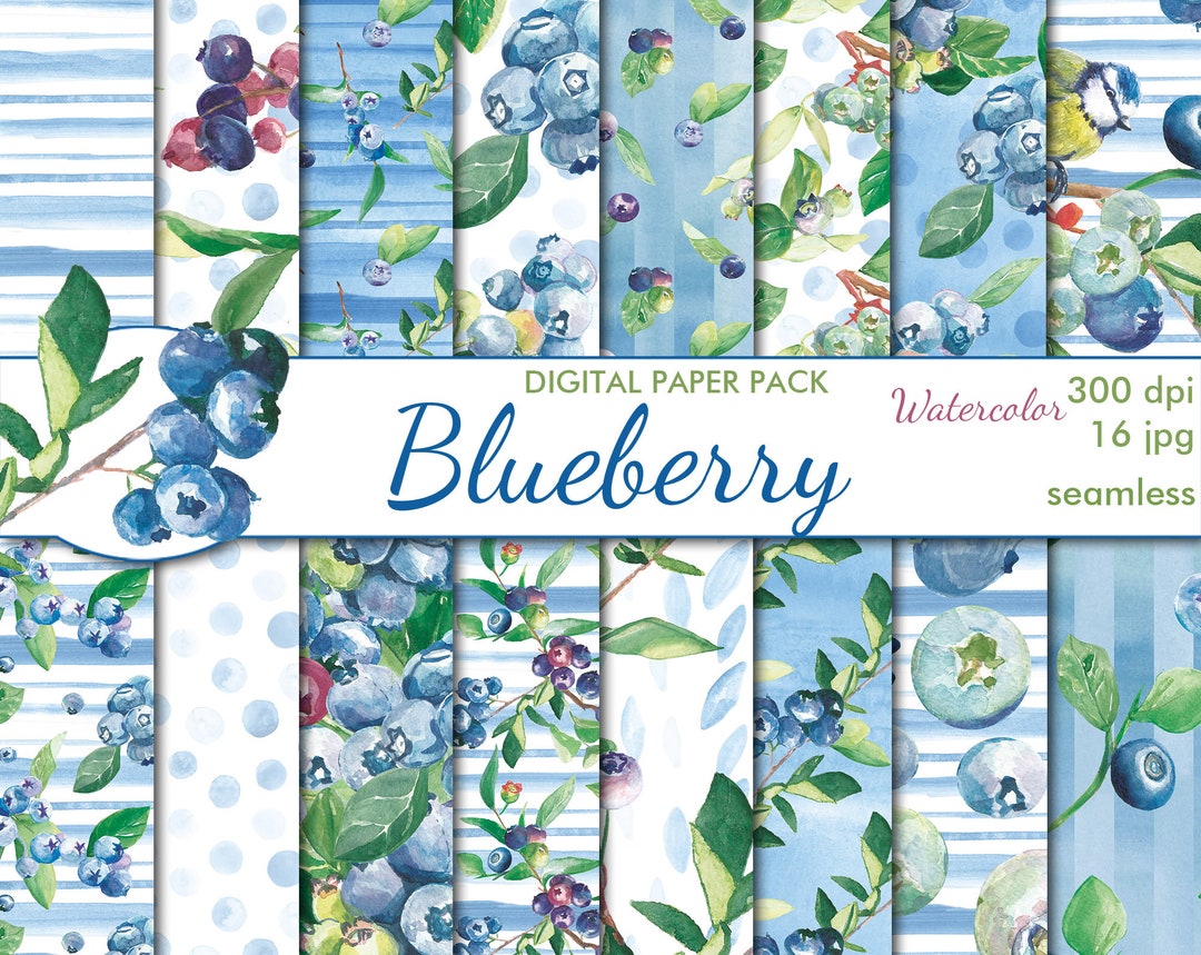 Digital Watercolor Blueberry Seamless Paper Pack, 16 Printable ...