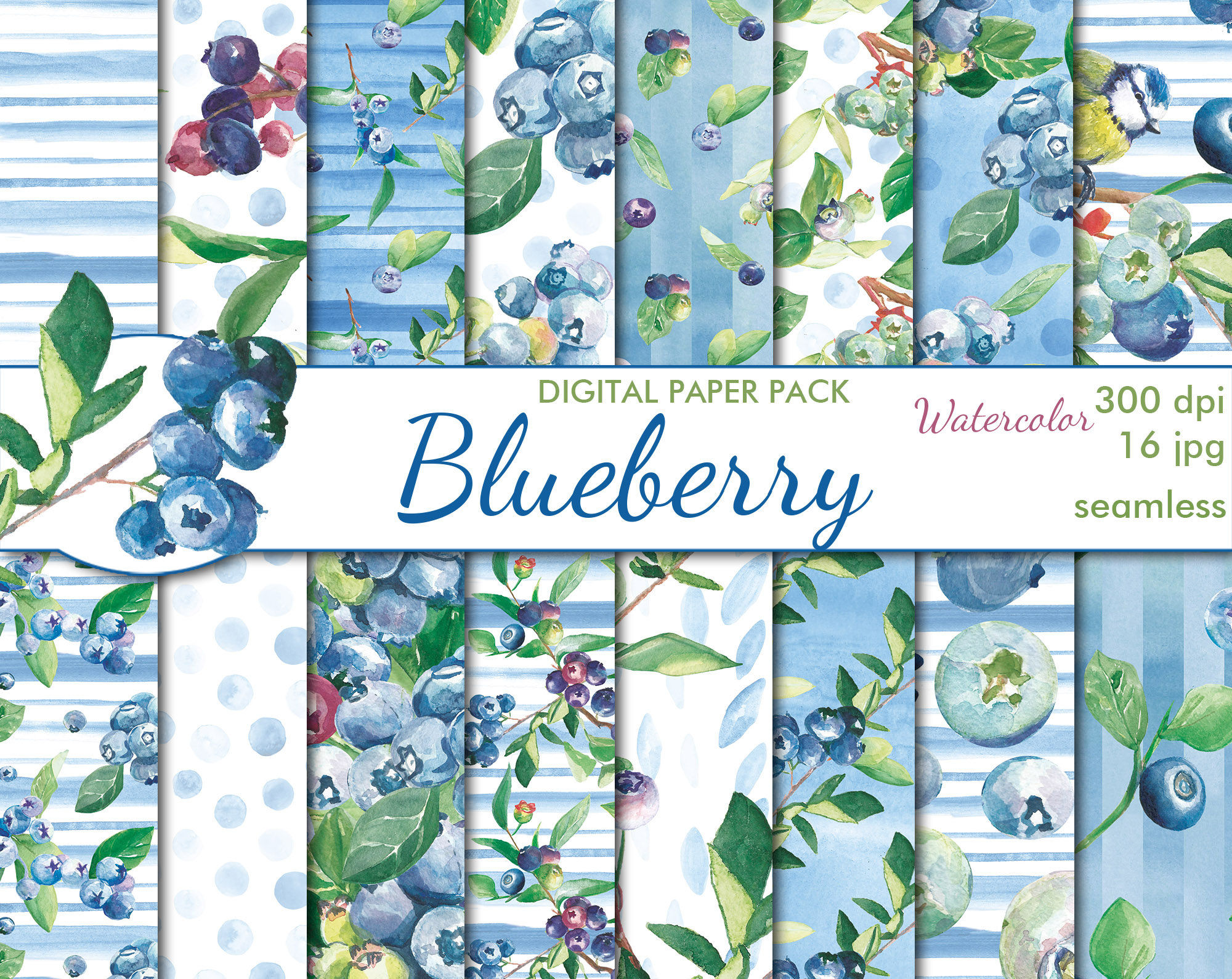 Digital Watercolor Blueberry Seamless Paper Pack, 16 Printable ...