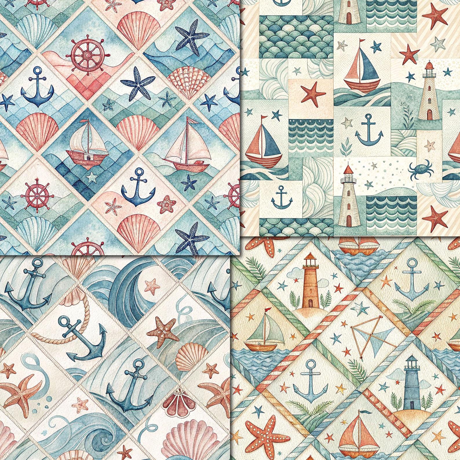 Digital Nautical Patchwork Seamless Papers, 20 Printable Watercolor ...