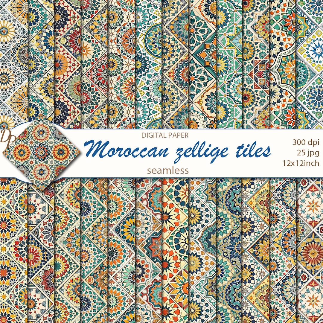Digital Moroccan Zellige Tiles Ethnic Seamless Papers, 25 Printable ...