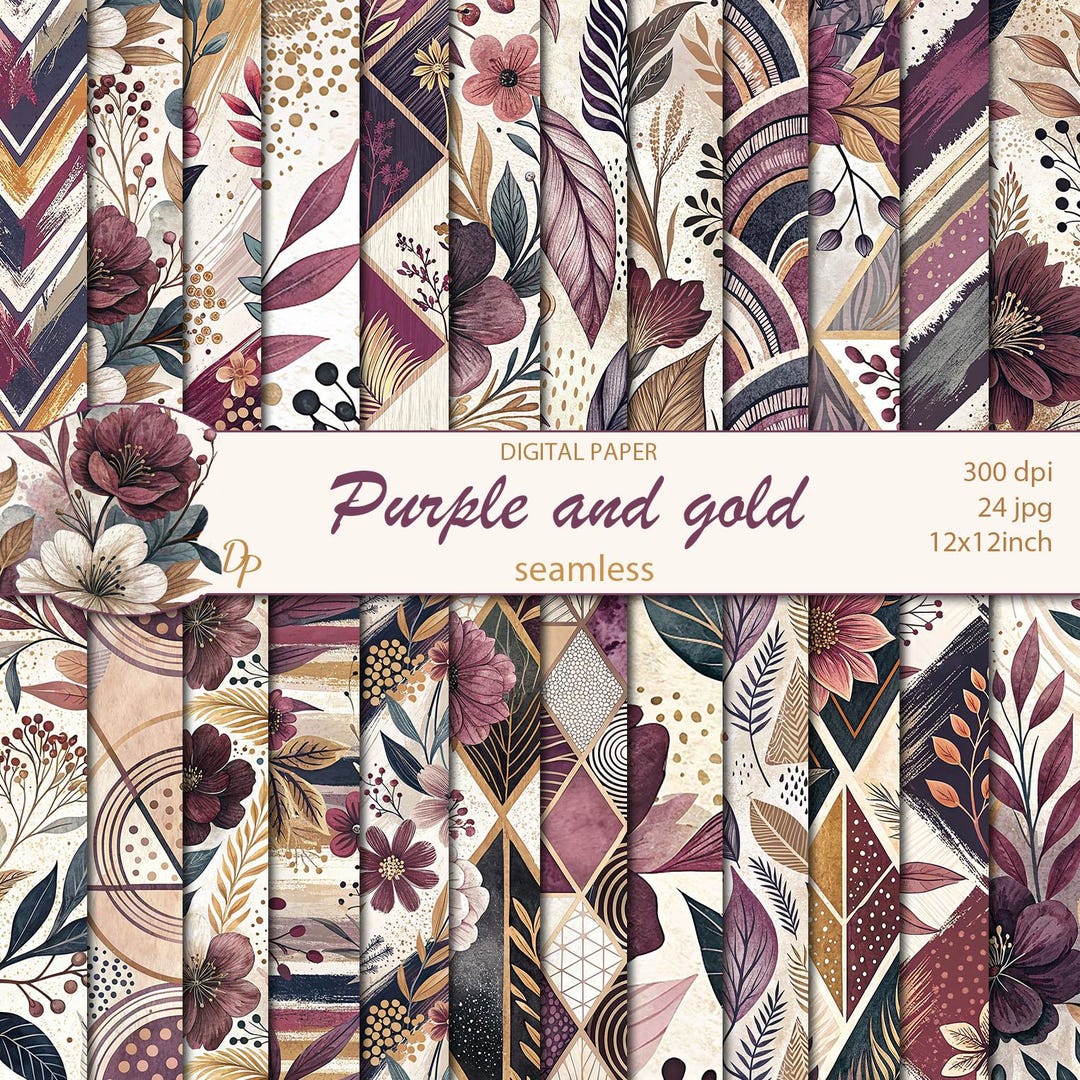 Digital Purple and Gold Flowers Seamless Papers, 24 Printable ...