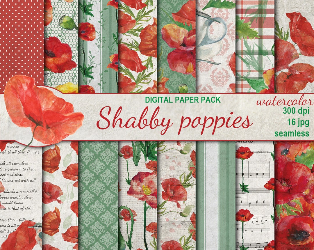Digital Shabby Poppies Seamless Paper Pack, 16 Printable Scrapbooking ...