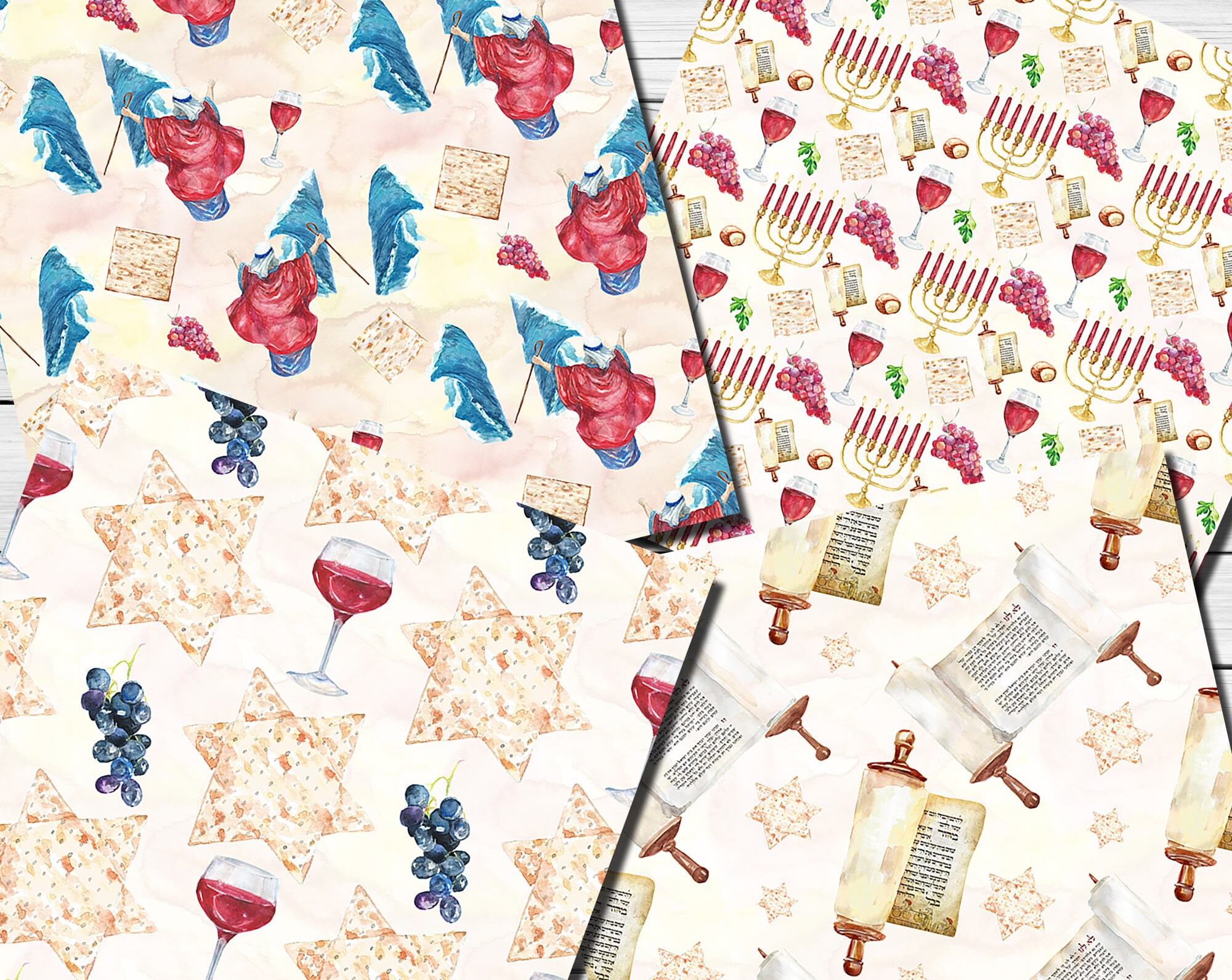 Digital Watercolor Happy Passover Seamless Pack, 16 Printable Digital ...