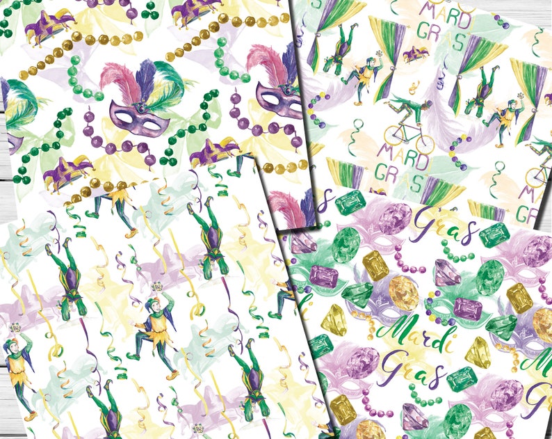 Digital Watercolor Mardi Gras Seamless Pack, 16 Printable Digital ...