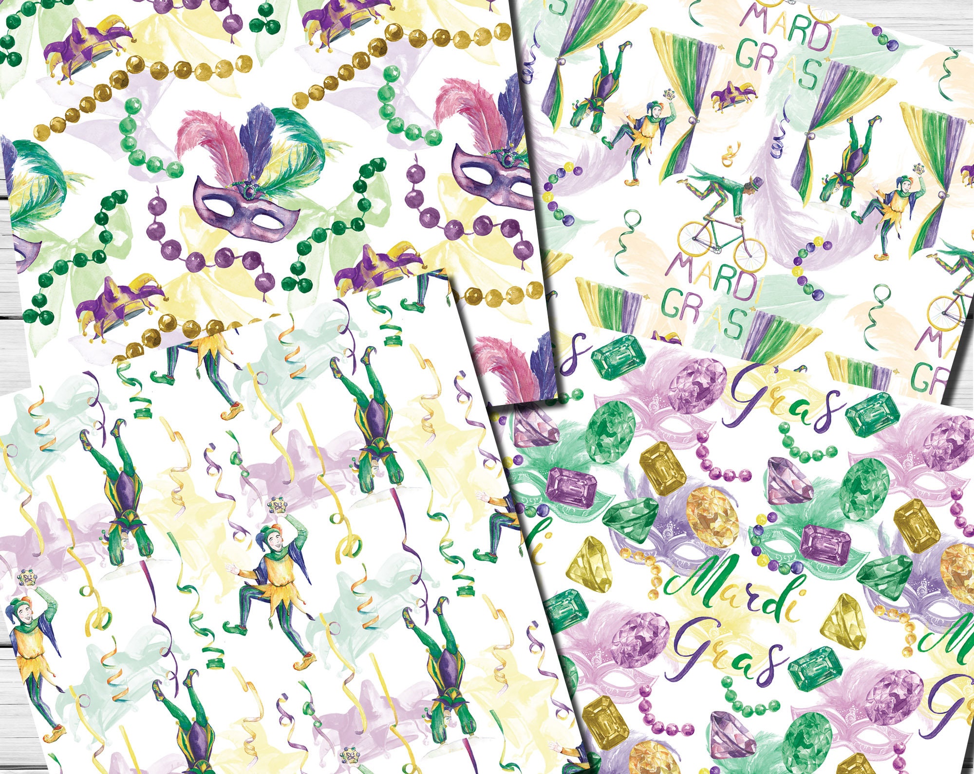 Digital Watercolor Mardi Gras Seamless Pack, 16 Printable Digital ...