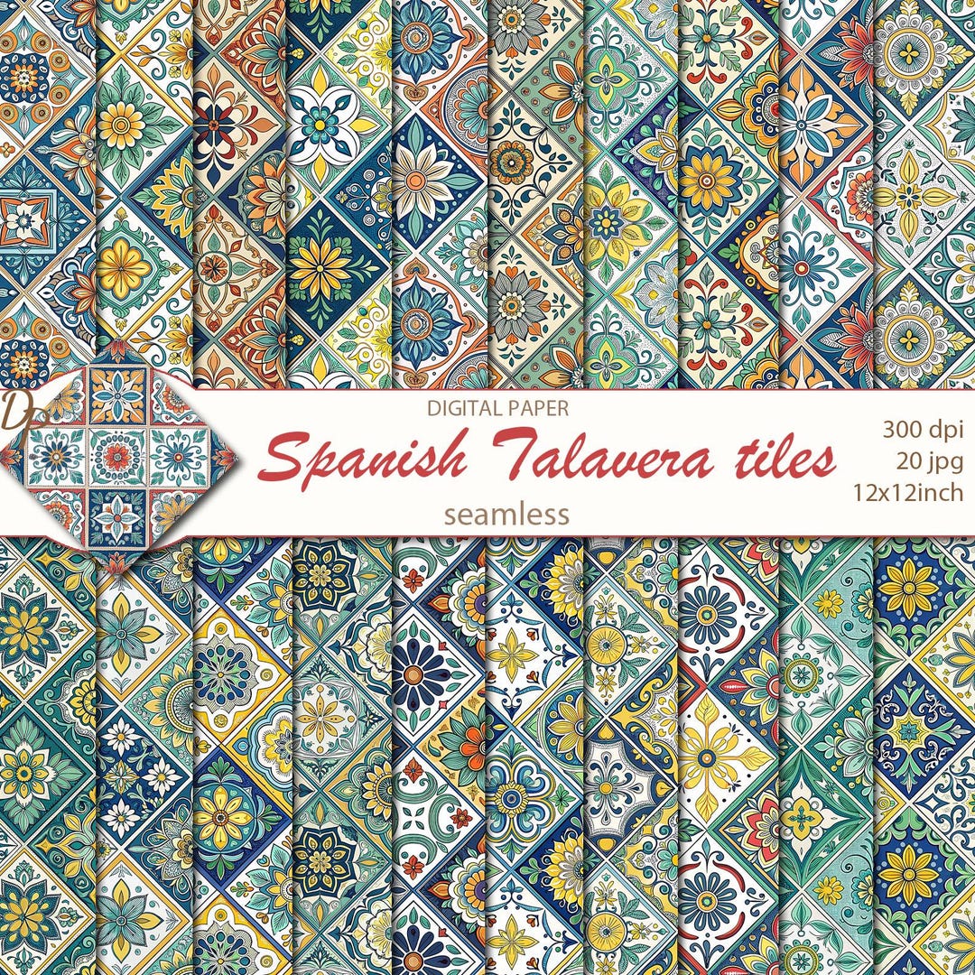 Digital Spanish Talavera Tiles Seamless Papers, 20 Printable ...