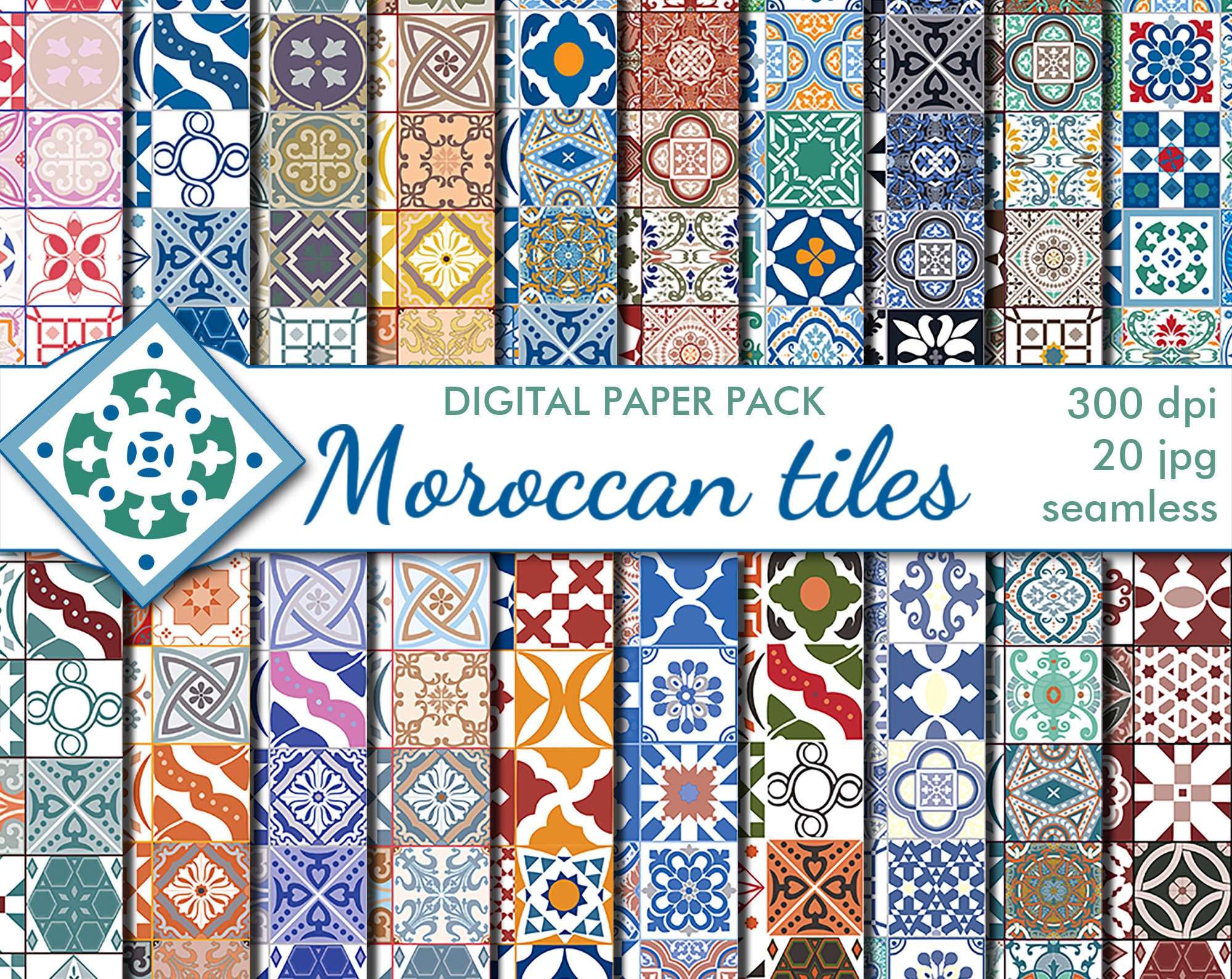 Digital Moroccan Tiles Ethnic Seamless Paper Pack, 20 Printable ...