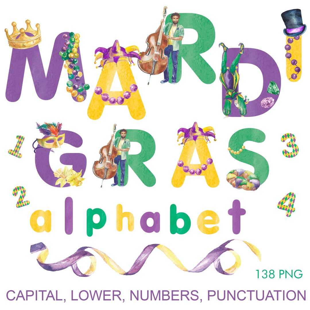 Digital Mardi Gras Alphabet for Scrapbooking, Carnival Clip Art ...