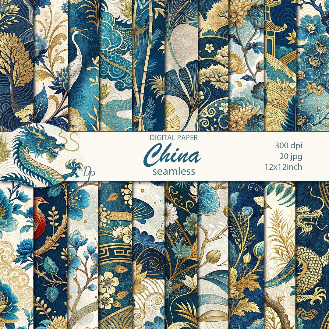 Digital China Seamless Papers, 20 Blue Gold Chinese Printable Patterns ...