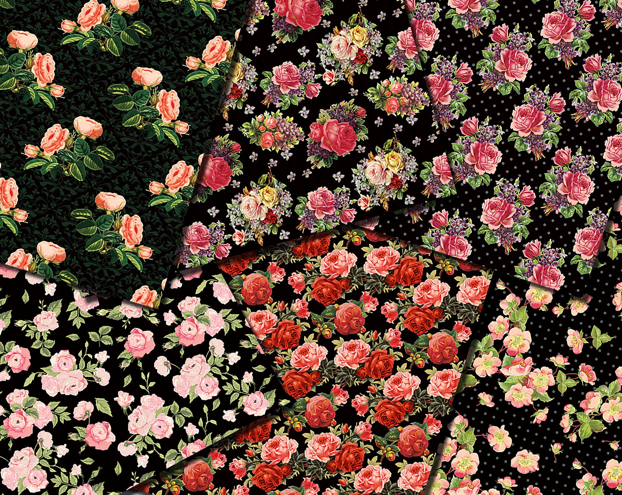 Digital Roses on Black Seamless Paper Pack, 24 Printable Scrapbooking ...