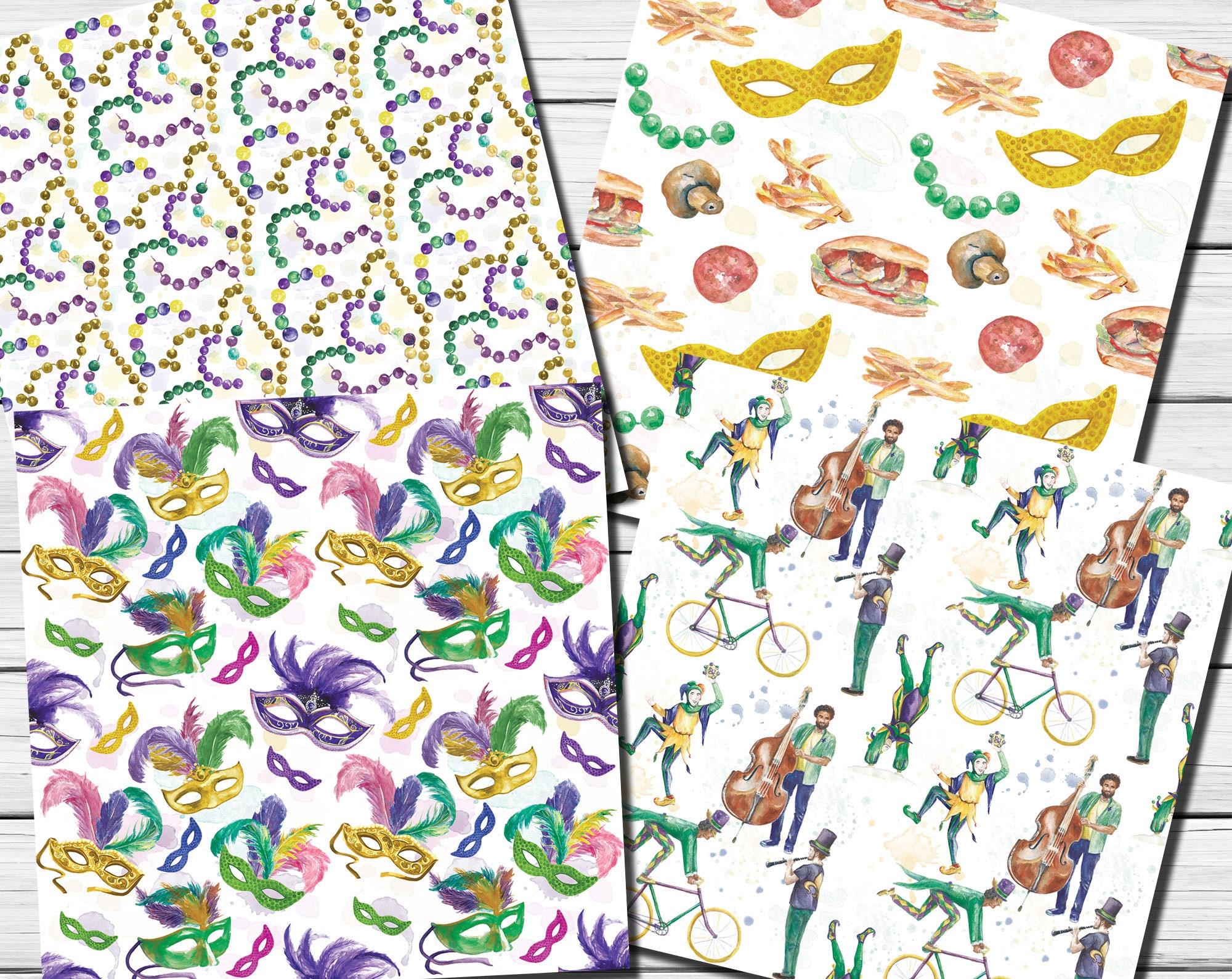 Digital Watercolor Mardi Gras New Orleans Seamless Pack, 16 Printable ...