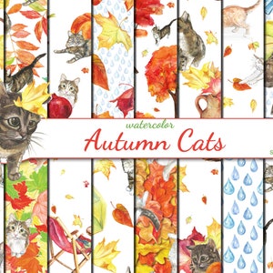 Digital Watercolor Autumn Cats Seamless Paper Pack, 16 Printable ...