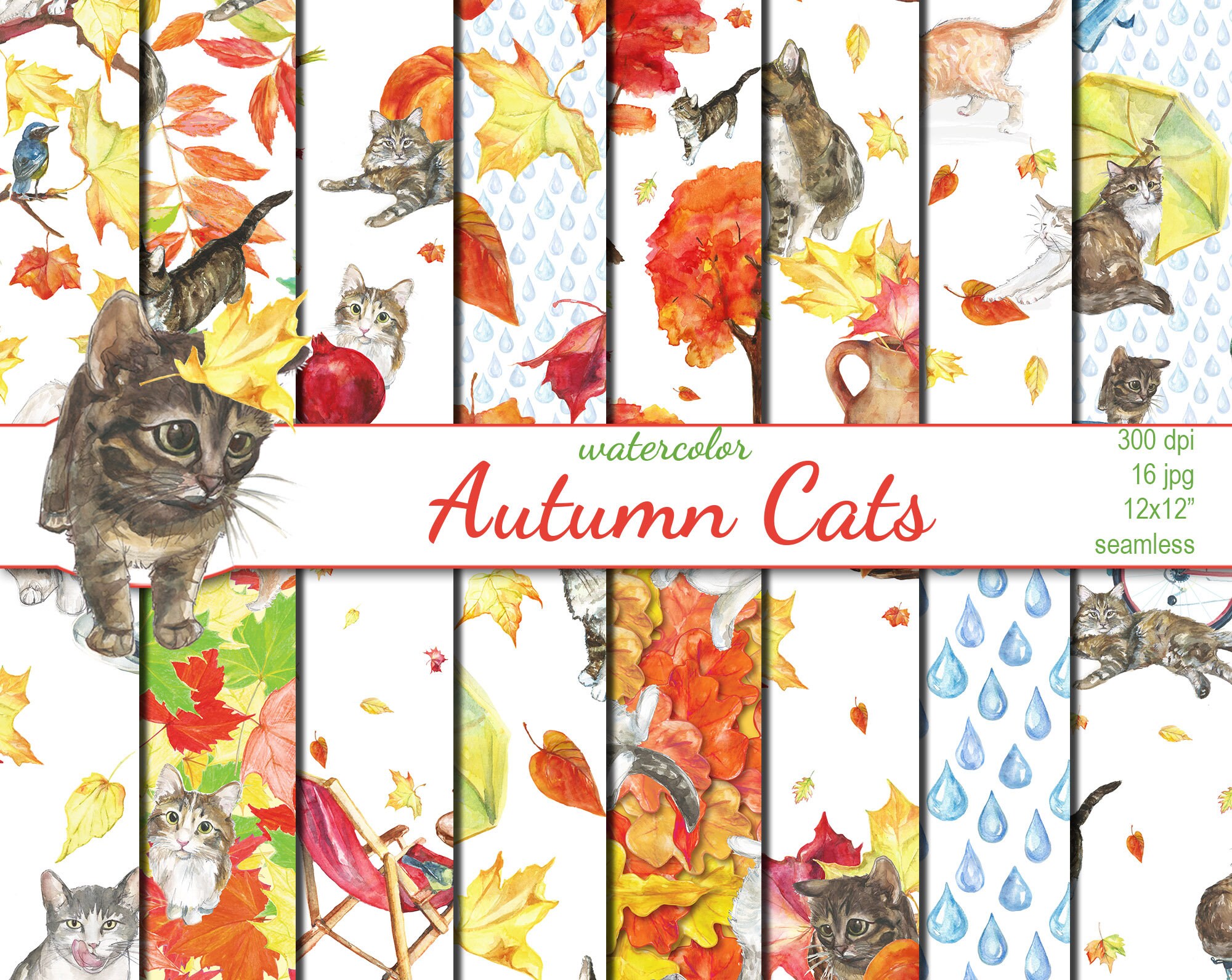 Digital Watercolor Autumn Cats Seamless Paper Pack, 16 Printable ...