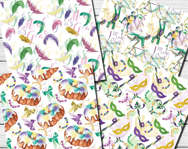 Digital Watercolor Mardi Gras Seamless Pack, 16 Printable Digital ...