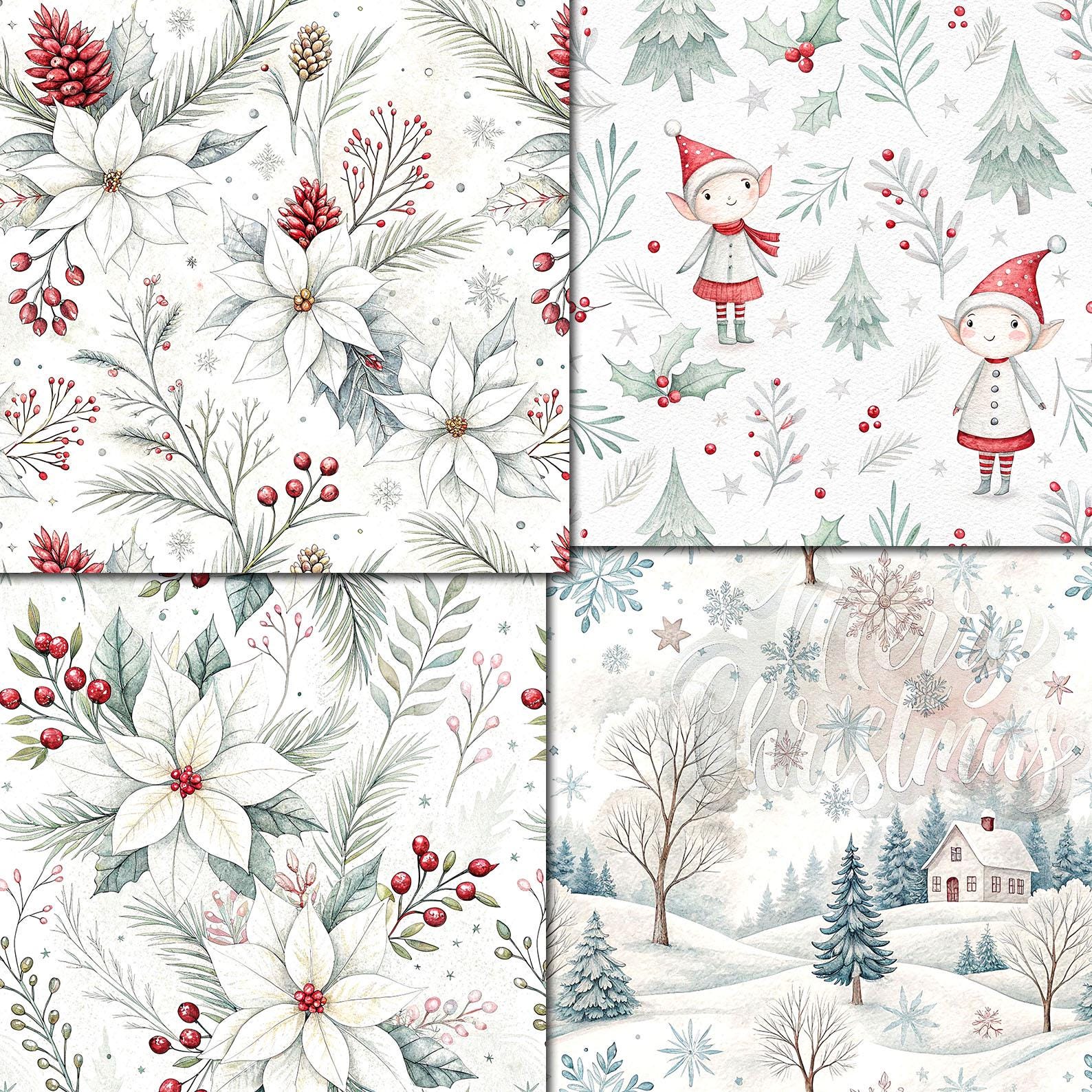 Digital White Watercolor Christmas Seamless Papers, 20 Printable ...