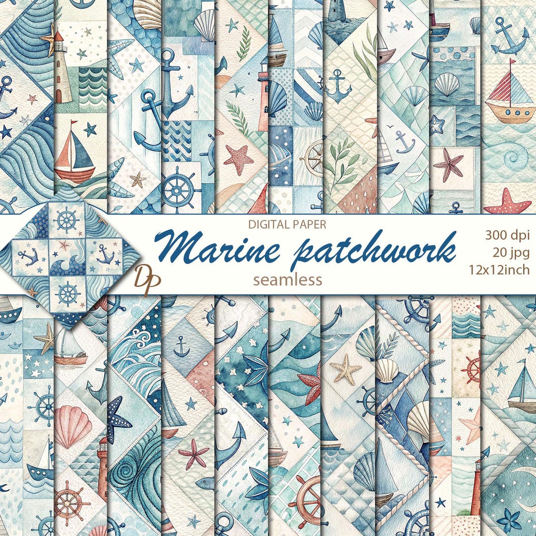 Digital Marine Patchwork Seamless Papers, 20 Printable Watercolor ...