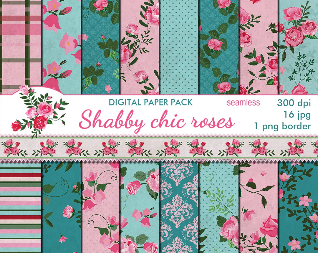 Digital Shabby Chic Pink Roses Seamless Paper Pack, 16 Printable ...