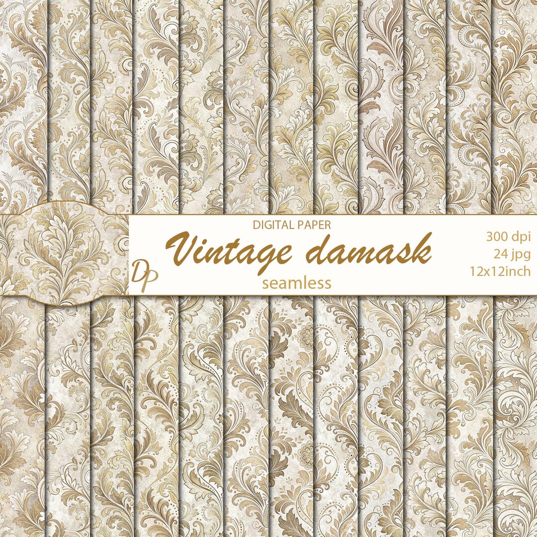 Digital Floral Vintage Damask Seamless Papers, 24 Printable ...