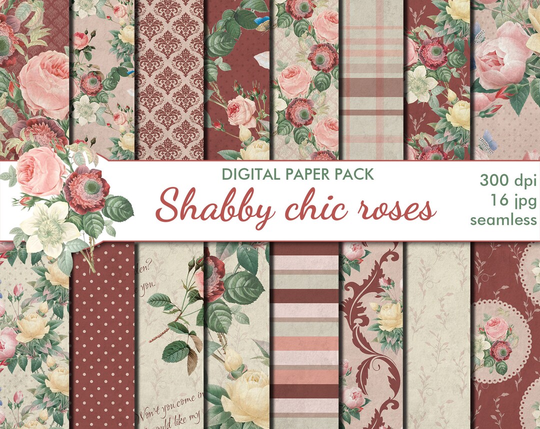 Digital Shabby Chic Pink Roses Seamless Paper Pack, 16 Printable ...