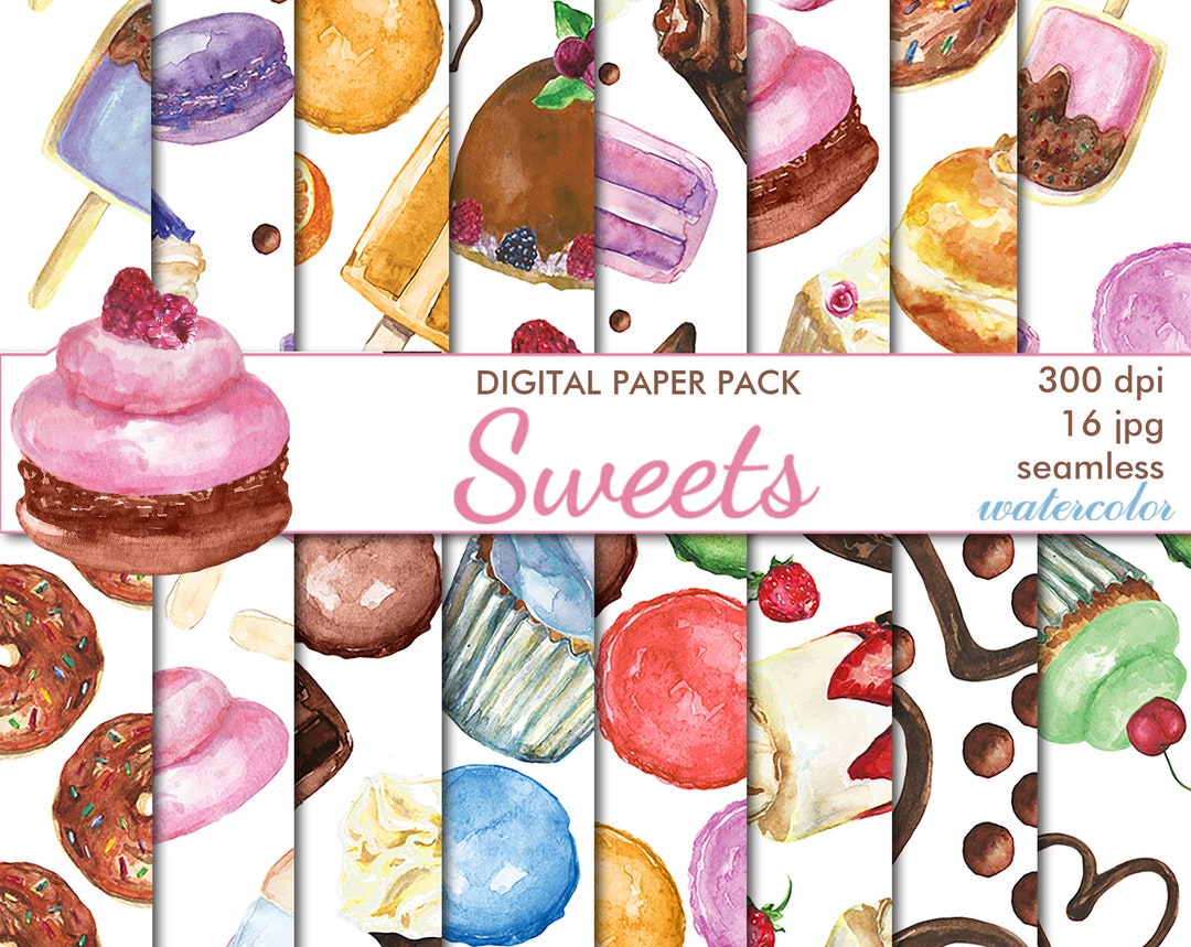 Digital Watercolor Sweets Seamless Paper Pack, 16 Printable Digital ...