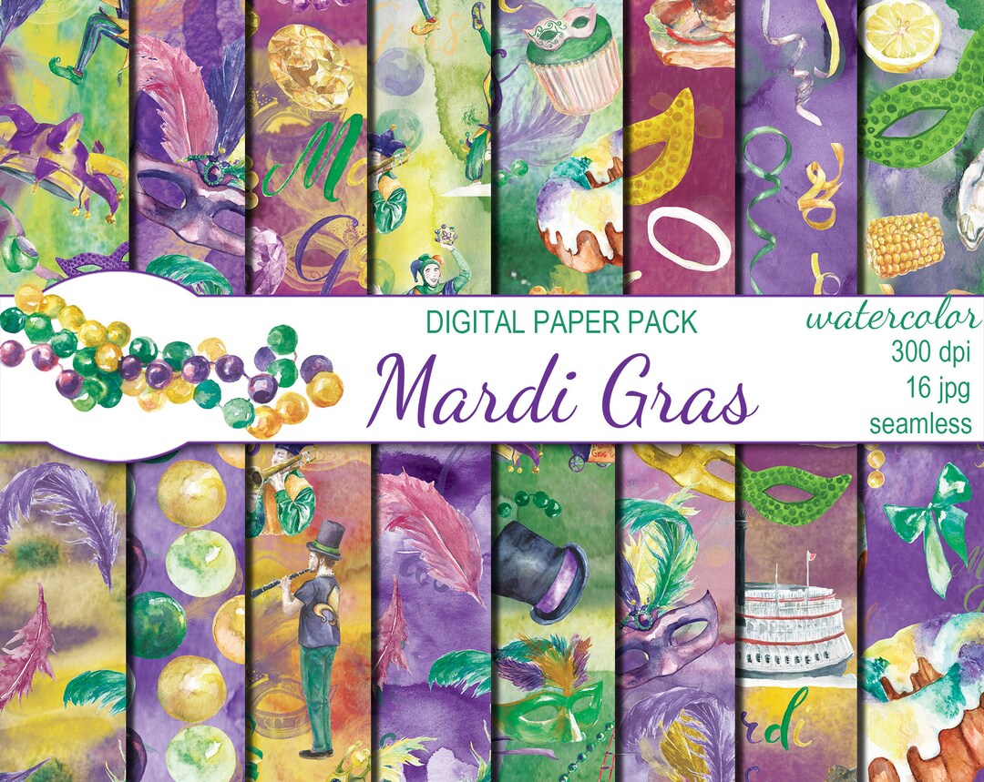 Digital Watercolor Mardi Gras Seamless Pack, 16 Printable Papers ...