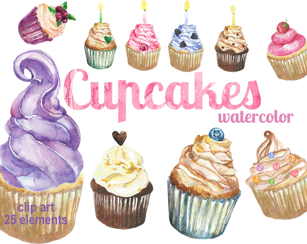 Digital Watercolor Cupcakes Clipart, Printable Digital Scrapbooking ...