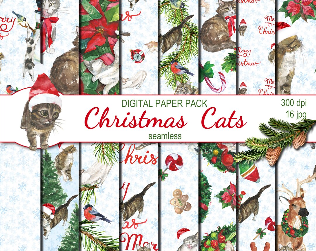 Digital Christmas Cats Seamless Watercolor Paper Pack, 16 Printable ...