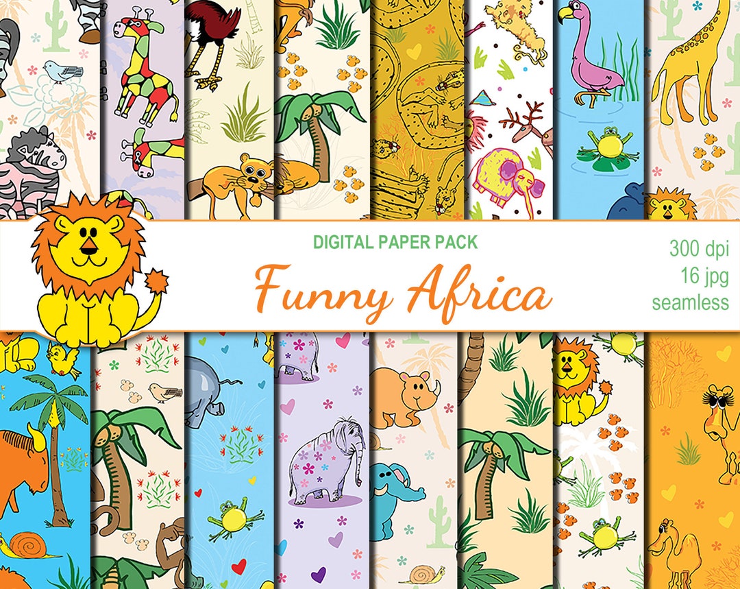 Digital Funny African Animals Paper Pack, 16 Printable Seamless ...