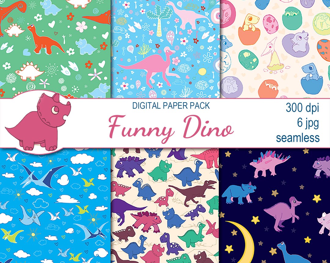 Digital Funny Dino Paper Pack, 6 Printable Seamless Scrapbooking Papers ...