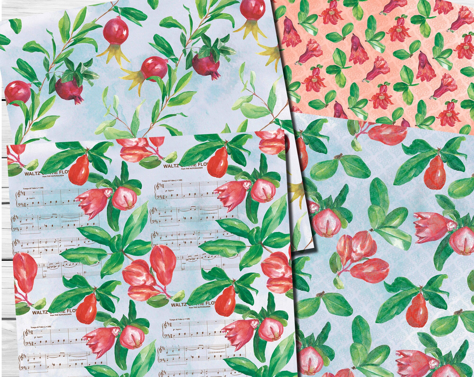 Digital Watercolor Pomegranate Seamless Paper Pack, 16 Printable ...