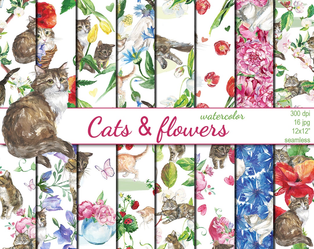 Digital Watercolor Cats and Flowers Seamless Paper Pack, 16 Printable ...