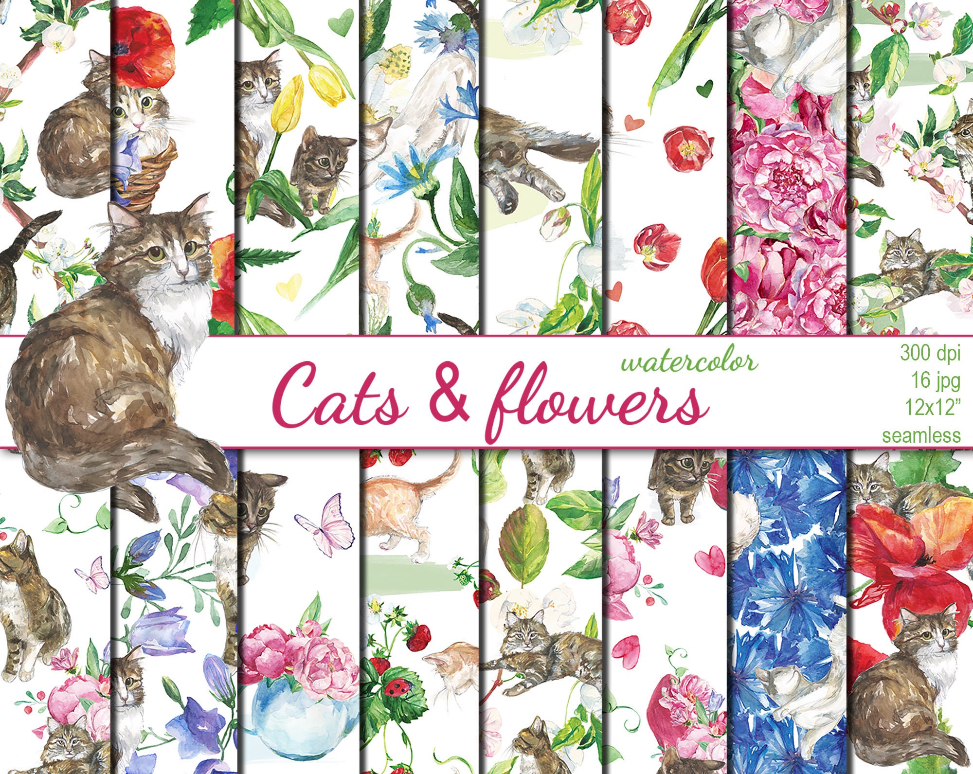Digital Watercolor Cats and Flowers Seamless Paper Pack, 16 Printable ...