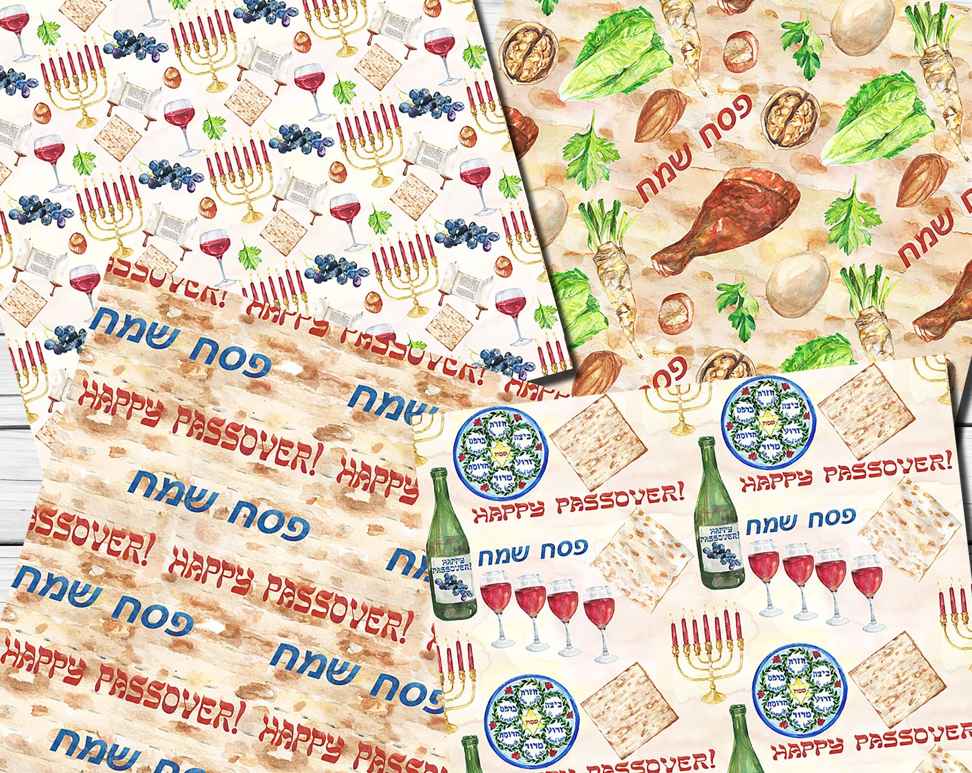 Digital Watercolor Happy Passover Seamless Pack, 16 Printable Digital ...