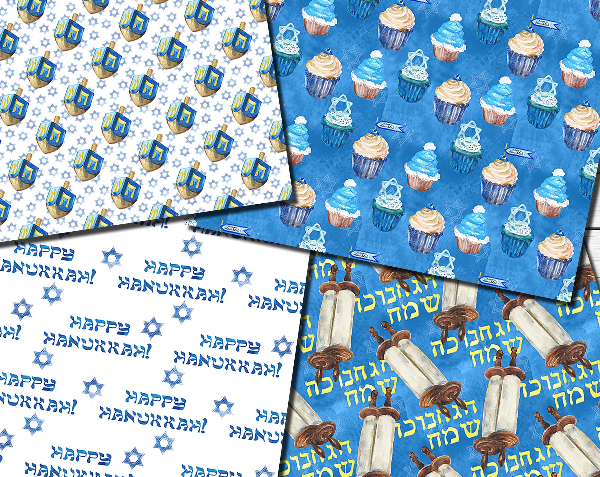 Digital Watercolor Happy Hanukkah Seamless Pack, 16 Printable Digital ...