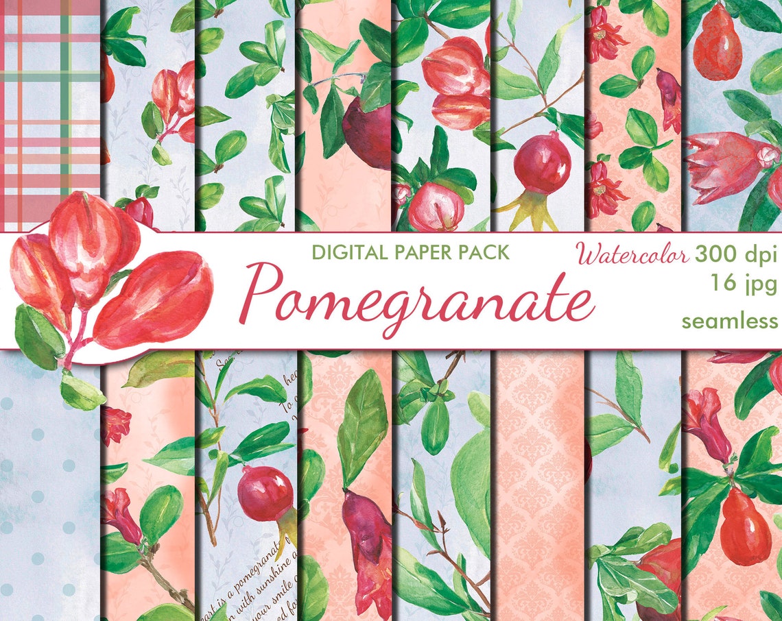 Digital Watercolor Pomegranate Seamless Paper Pack, 16 Printable ...