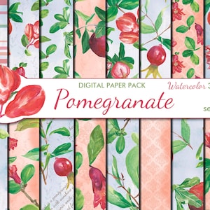 Digital Watercolor Pomegranate Seamless Paper Pack, 16 Printable ...