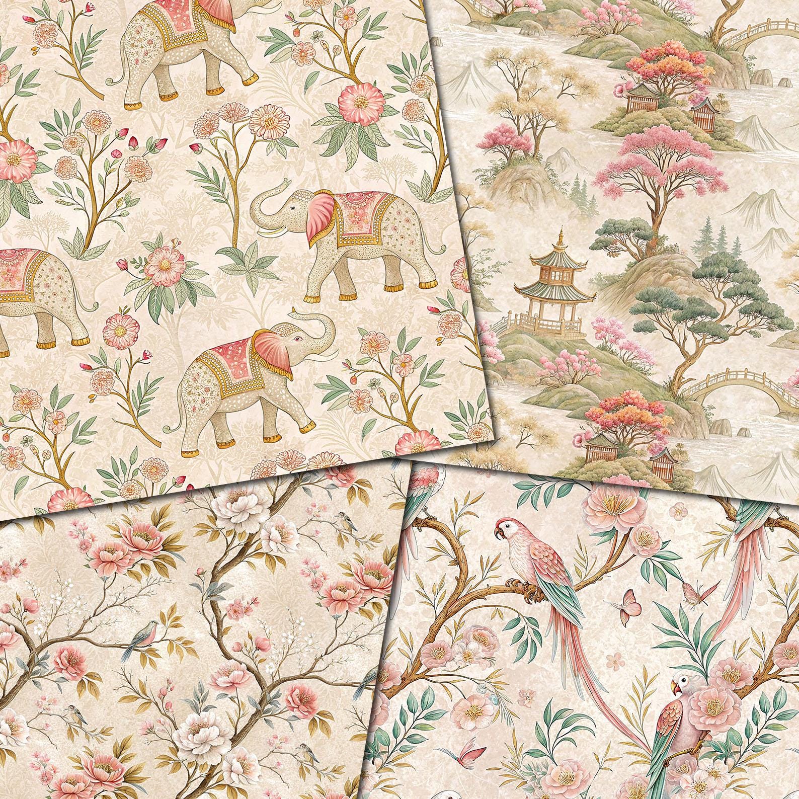 Digital Chinoiserie Floral Seamless Wallpapers, 24 Printable ...